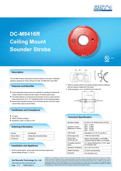 GST Ceiling Mount Sounder Strobe (Red) Model.DC-M9416R