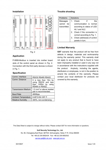 GST ModBus Communication Card Model. P-9956-Modbus