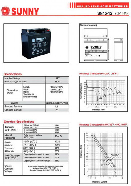 SUNNY แบตเตอรี่แห้งชนิดตะกั่วกรดขนาด 12V-15AH รุ่น SN15-12