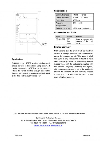 GST ModBus Communication Card Model. P-9930ModBus