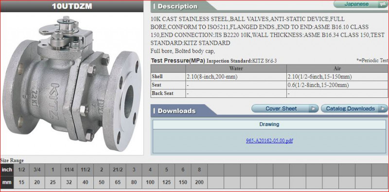 KITZ Ball Valve SCS14A W.O.G. 10k Psi. Flanged End Size 6 Inch. model. 10UTDZM