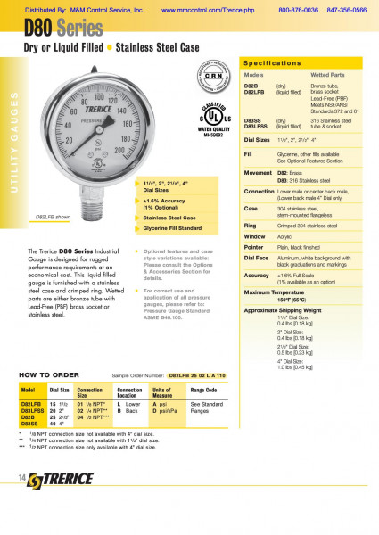 TRERICE Pressure Gauge Dial 4 Inch. SS Case&Ring, Liquid Filled ,1/4 ...
