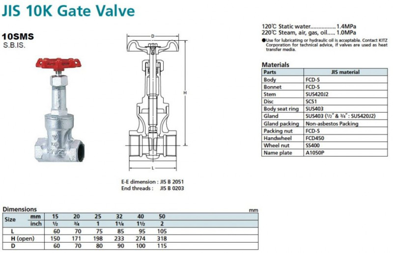 KITZ Ductile Iron Gate Valve FCD-S W.O.G. 10k Psi. Thread end Model. 10SMS