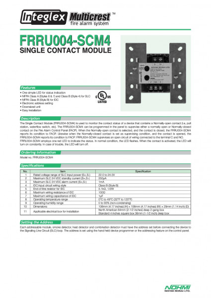 อุปกรณ์ตรวจสอบภายนอกอื่นๆ Single Contact (Input Type) I/P Module รุ่น FRRU004-SCM4 ยี่ห้อ NOHMI