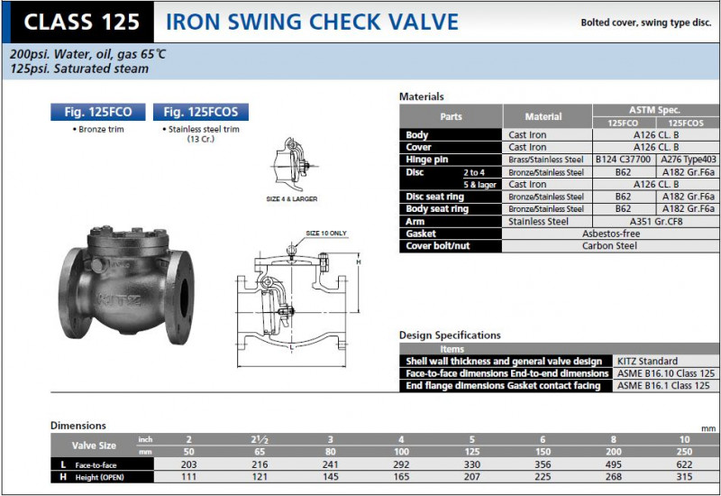 KITZ Cast iron Swing Check Valve A126CL.B 125 Psi. Flanged 6 Inch ...